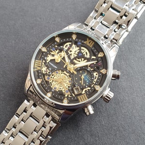 Men Chronograph Watch Moon Phase Skeleton Classic Smart Business Luxury ...