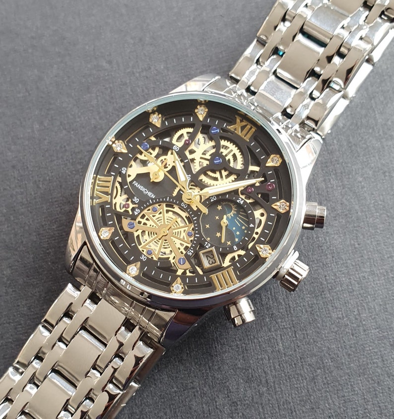 Men Chronograph Watch Moon Phase Skeleton Classic Smart Business Luxury ...