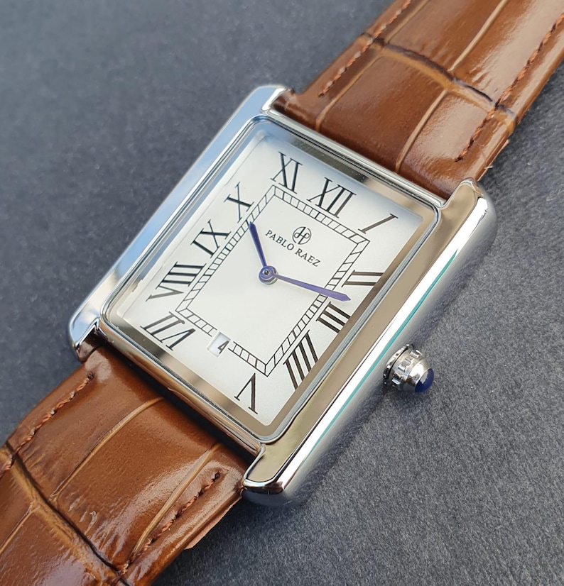 Men Classic Watch Square Rectangular Brown Leather Strap Roman Numeral ...