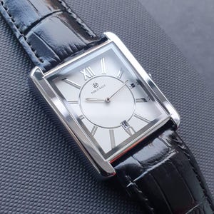 Men Classic Watch Square Rectangular Black Leather Strap Roman Numeral ...