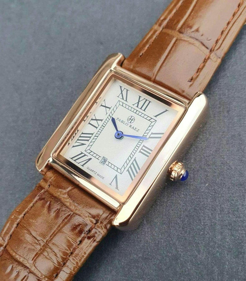 Womens Classic Watch Rose Gold Square Rectangular Brown Leather Strap ...