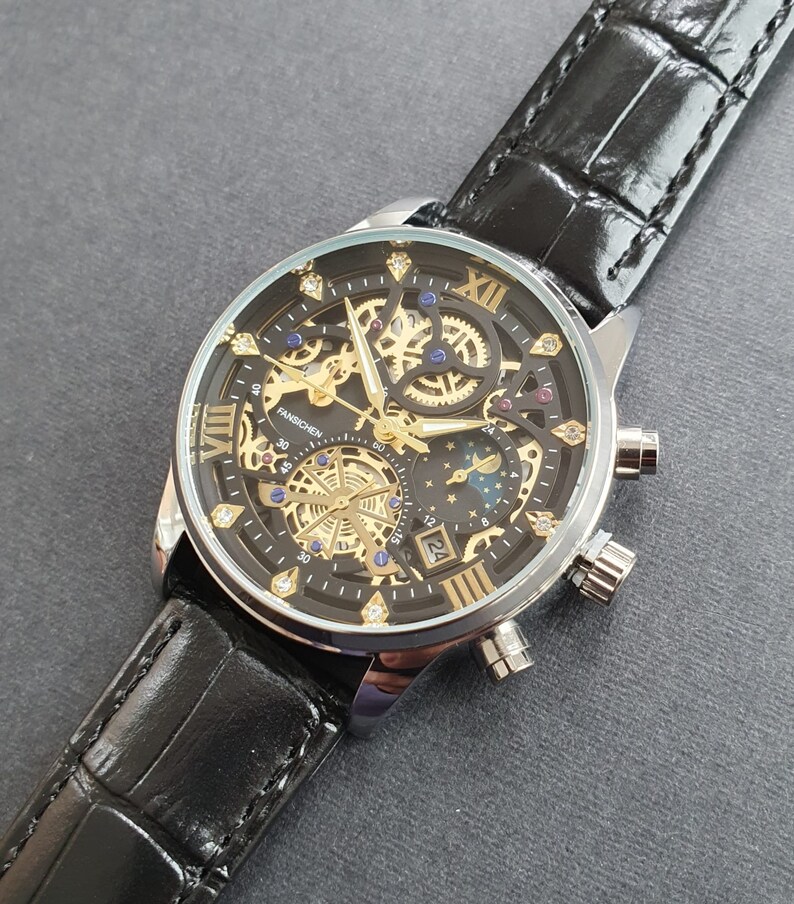 Men Chronograph Watch Moon Phase Skeleton Classic Smart Casual Business ...