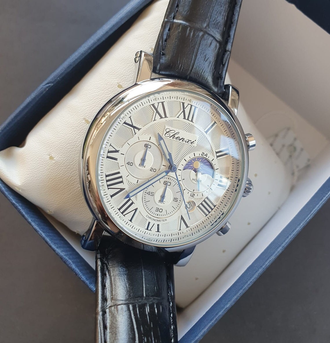 Men Chronograph Watch Moon Phase Luminous Classic Smart Casual Business ...