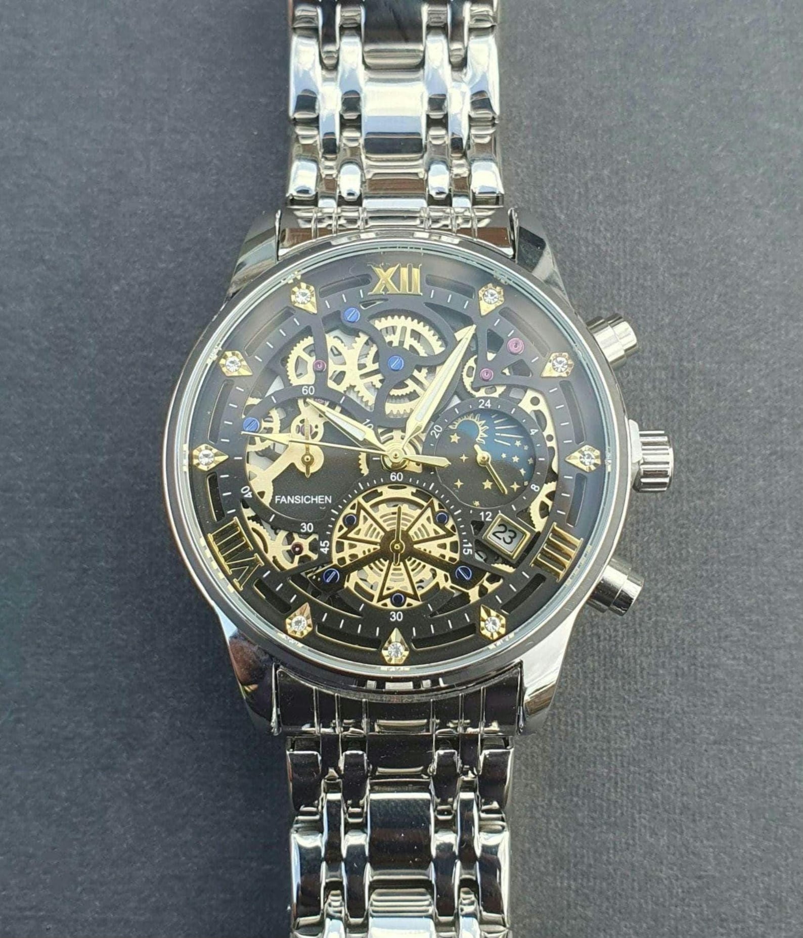 Men Chronograph Watch Moon Phase Skeleton Classic Smart Business Luxury ...