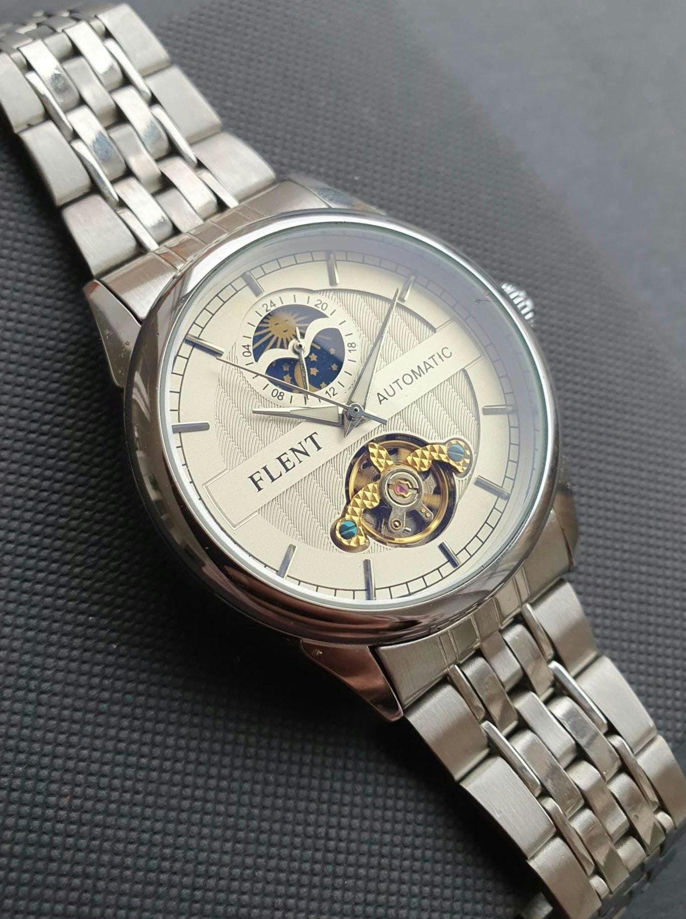 Men Automatic Watch Moon Phase Mechanical Balance Wheel Movement ...