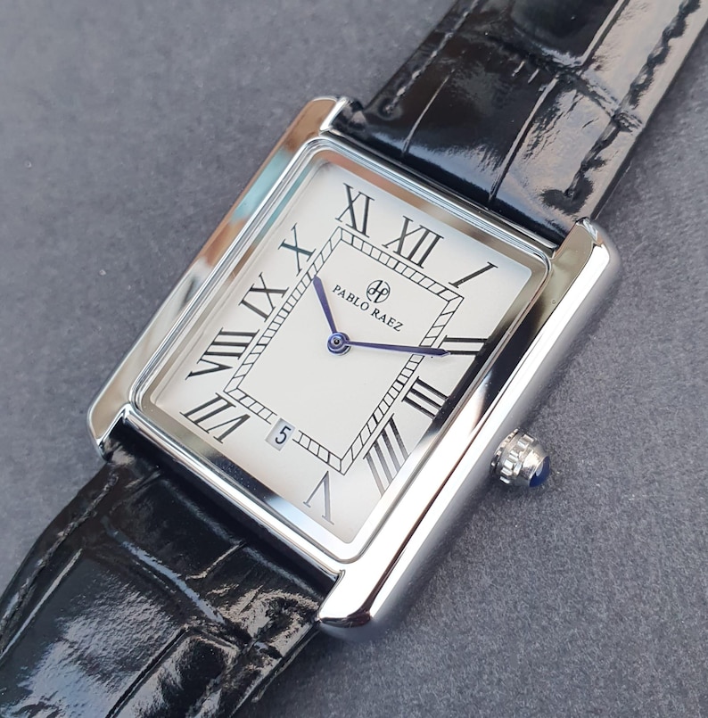 Men Classic Watch Square Rectangular Black Leather Strap Roman Numeral ...
