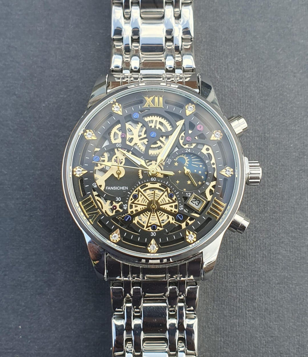 Men Chronograph Watch Moon Phase Skeleton Classic Smart Business Luxury ...