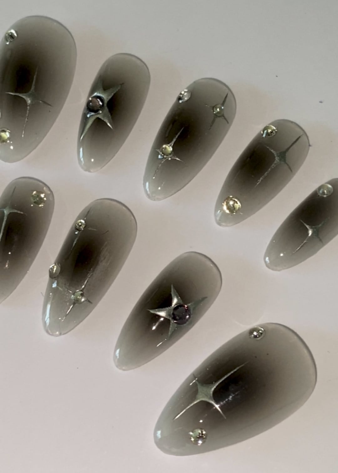 Milky and Black Aura Chrome Silver Stars Nails / Starburst Press on ...