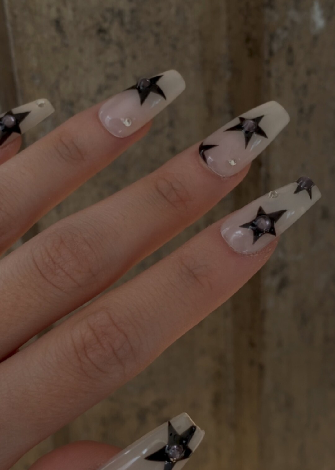 Milky and Black Stars Rhinestones Nails / Starburst Press on Nails ...