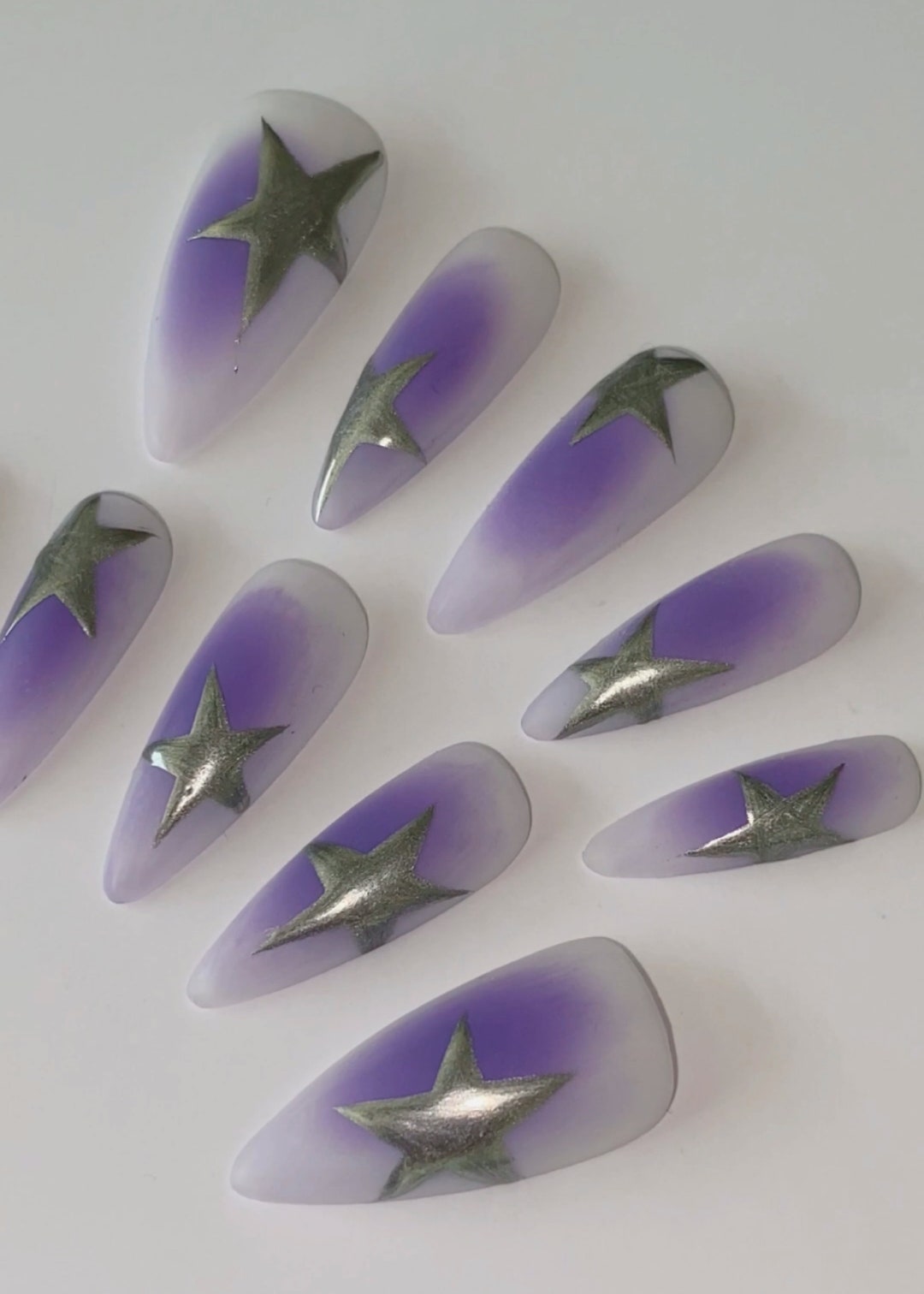 Milky Matte and Purple Aura Chrome Silver Stars Nails / Starburst Press ...