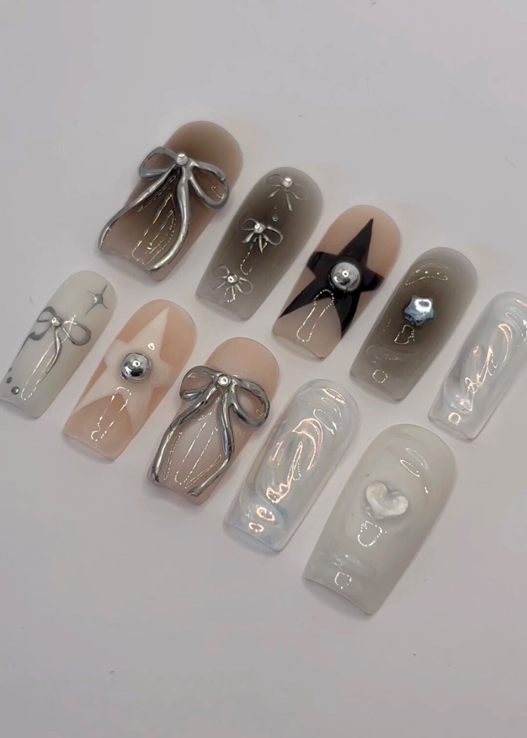 Freestyle 3d Black and White Aura Square Nails /cute Handpainted Fake ...