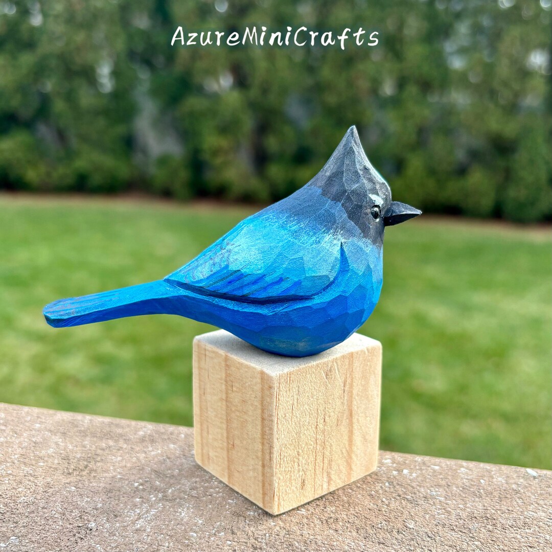 Handmade Wood Carving Bird Figurine Stellars Jay Mountain Jay Blue Jay ...