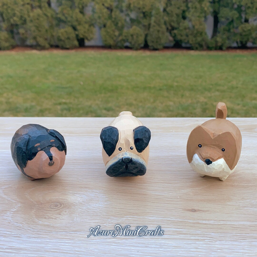 Handmade Wood Carving Dog Corgi Pug German Shepherd Figurine Laser ...