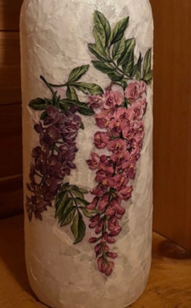 Decorated Bottle, Wine Bottles, Decoupaged, Bottle With Lights, Flowers ...