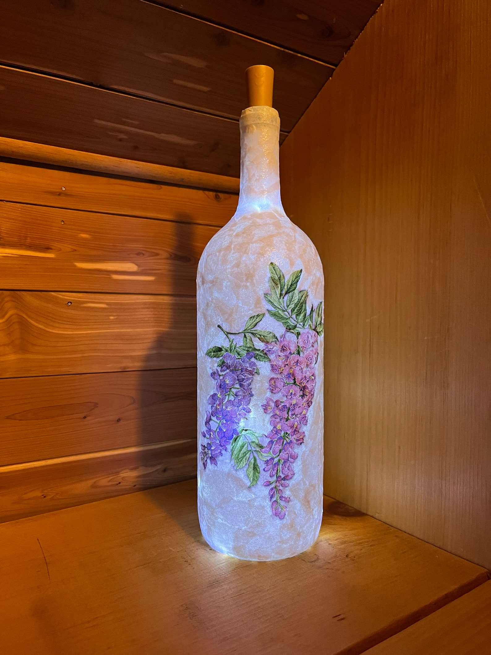 Decorated Bottle, Wine Bottles, Decoupaged, Bottle With Lights, Flowers ...