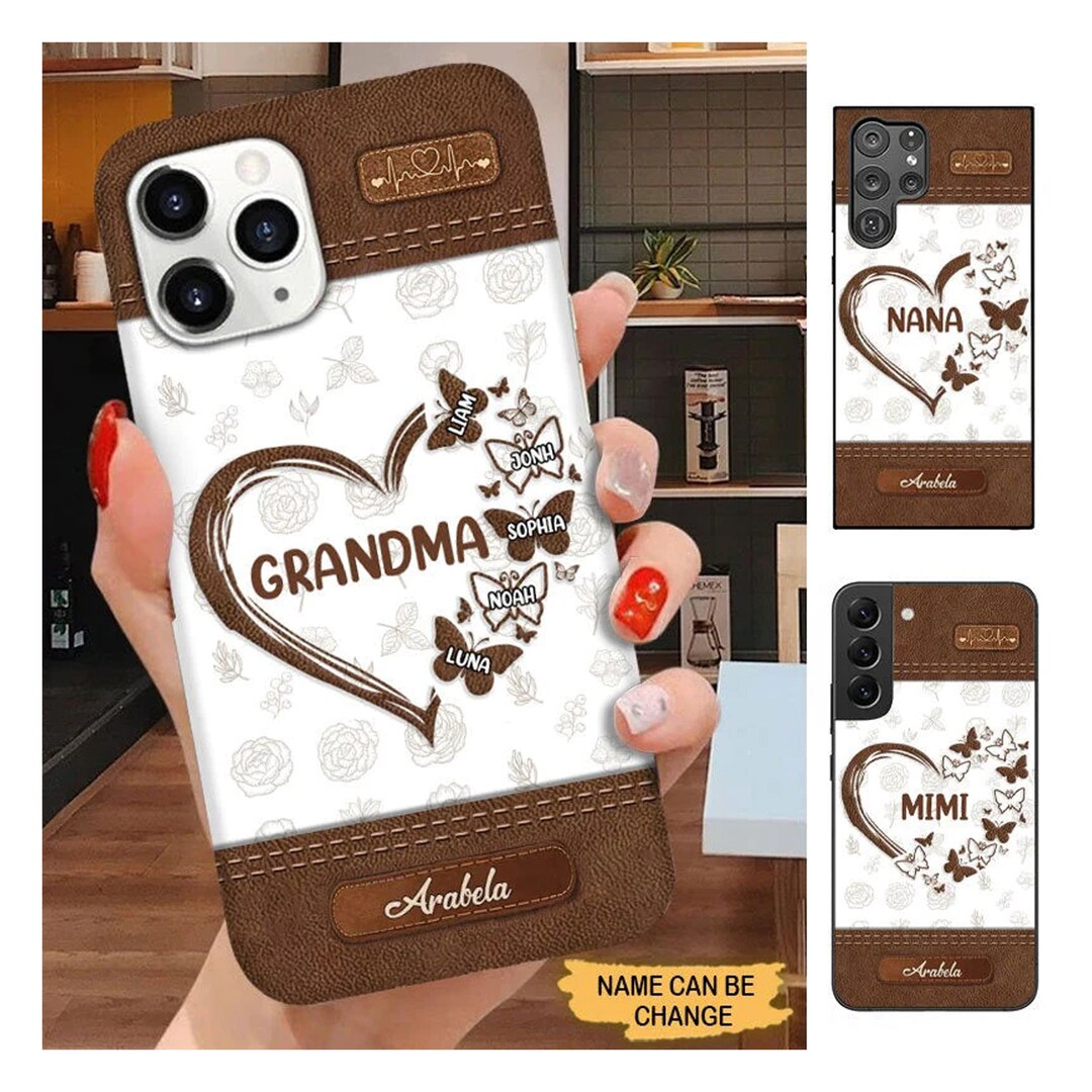 Butterflies Heart Grandma With Grandkids Leather Pattern Personalized ...