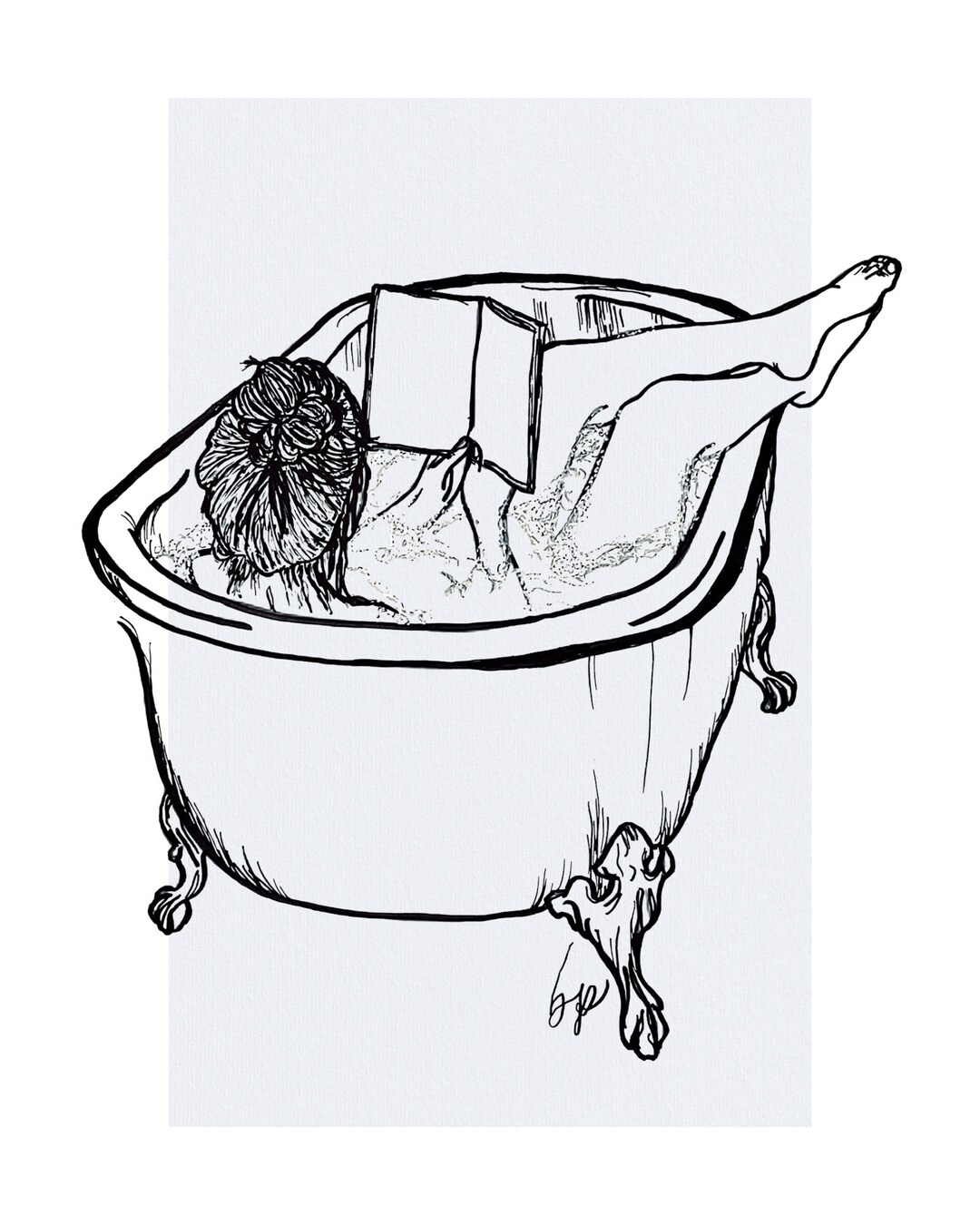 Hand Drawn Girl Reading in Bathtub - Etsy
