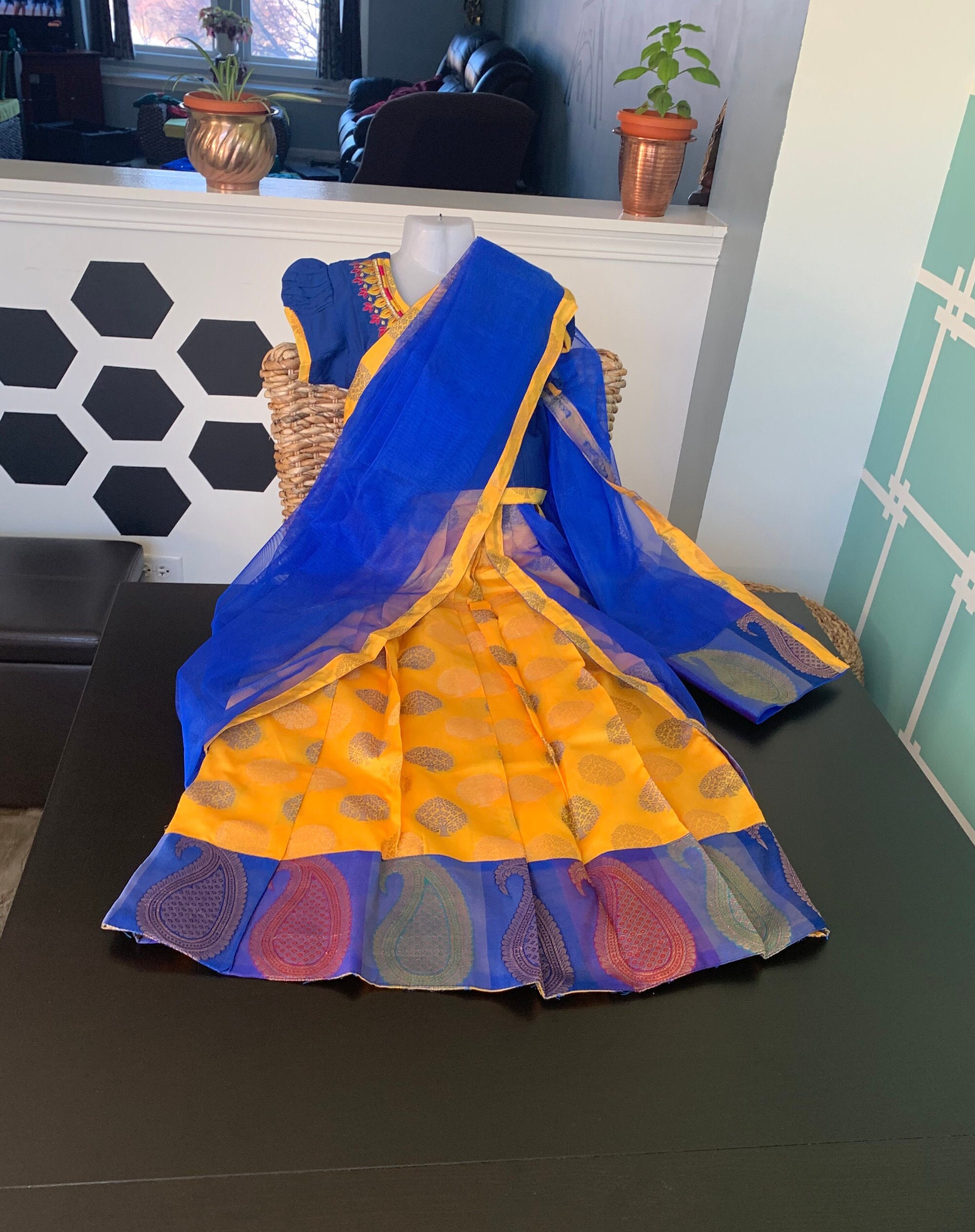 10 to 11 Year Girl Yellow and Blue Langa Voni/halfsaree/pattu Pavada ...