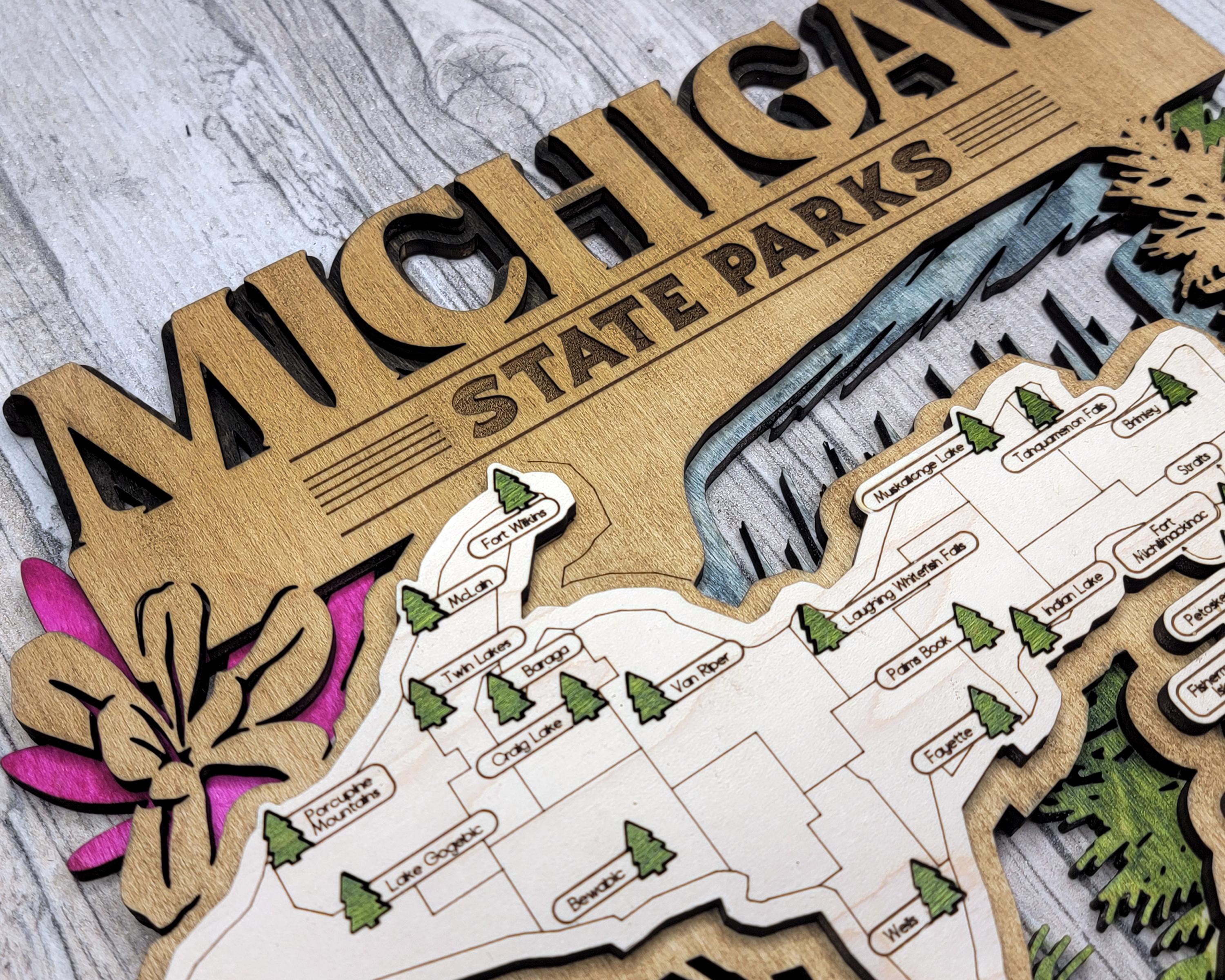 Michigan State Park Travel Map, State Parks Marker, Personalized State ...