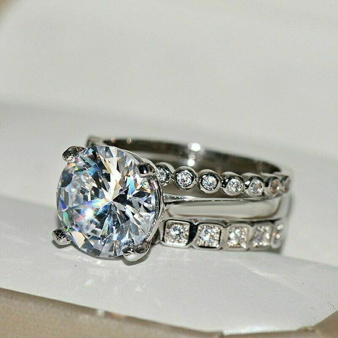 2 CT Round Cut Diamond Ring, Solitaire Engagement Trio Ring Set, Unique ...