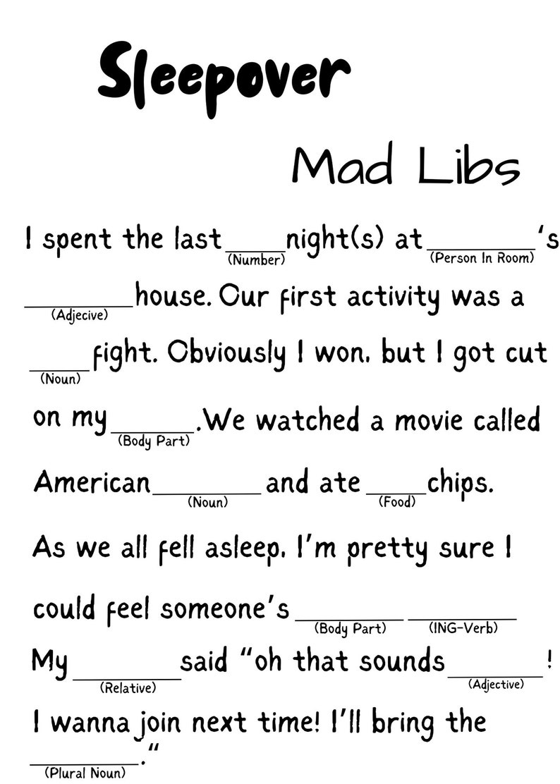 Cheap Sleepover Mad Libs! Printable, Downloadable, Party Game for Kids ...