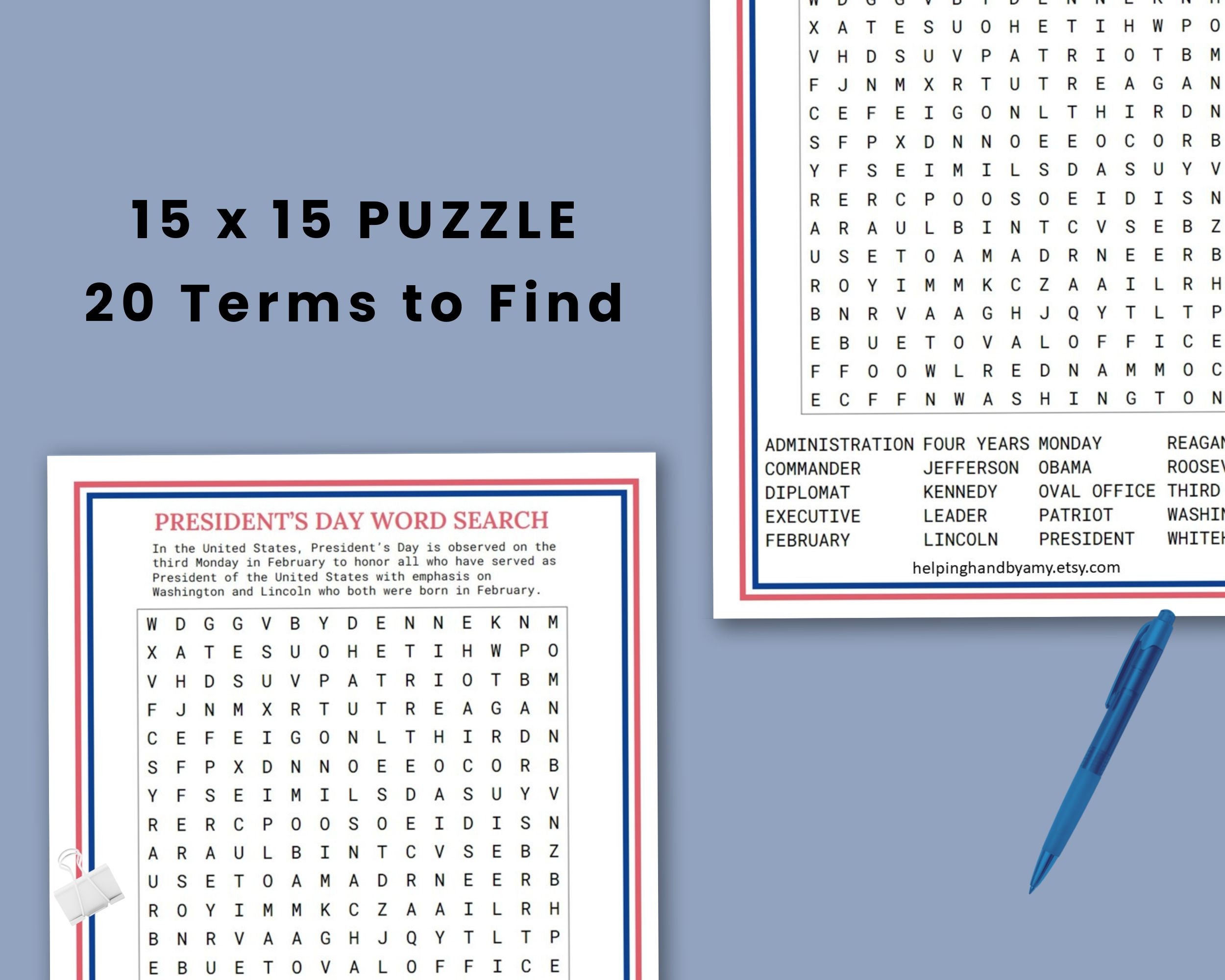 US Presidents Day Word Search Puzzle With Worksheet Answer Key - Etsy