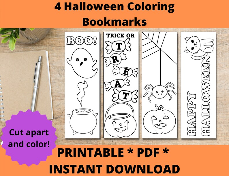 Halloween Coloring Bookmarks, Printable Halloween Activity, Halloween ...