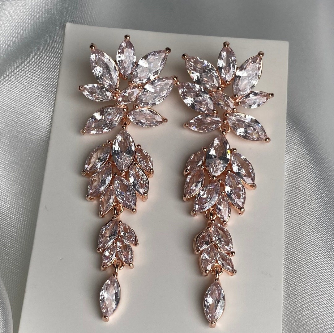 Crystal Earrings Long Rose Gold Wedding Earrings Crystal Bridal ...