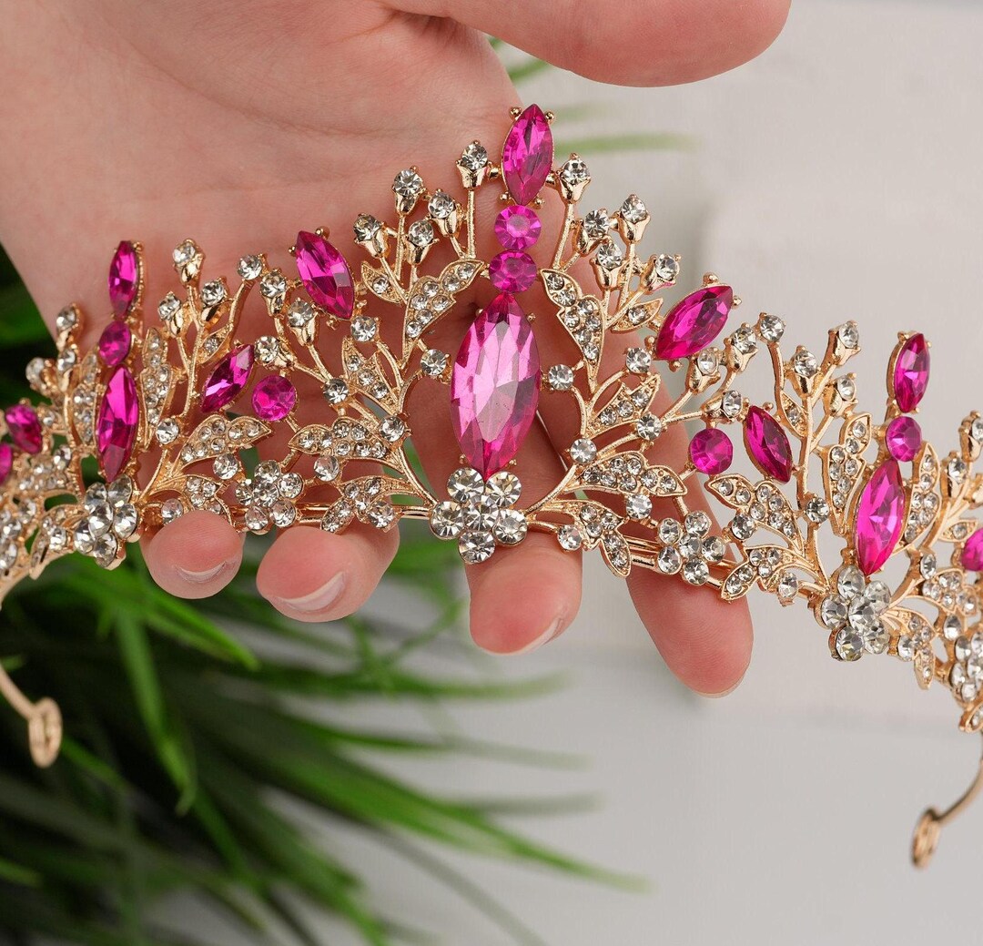 Crystal Tiara Bridal Crown Gold Pink Tiara Princess Hair Piece Wedding ...