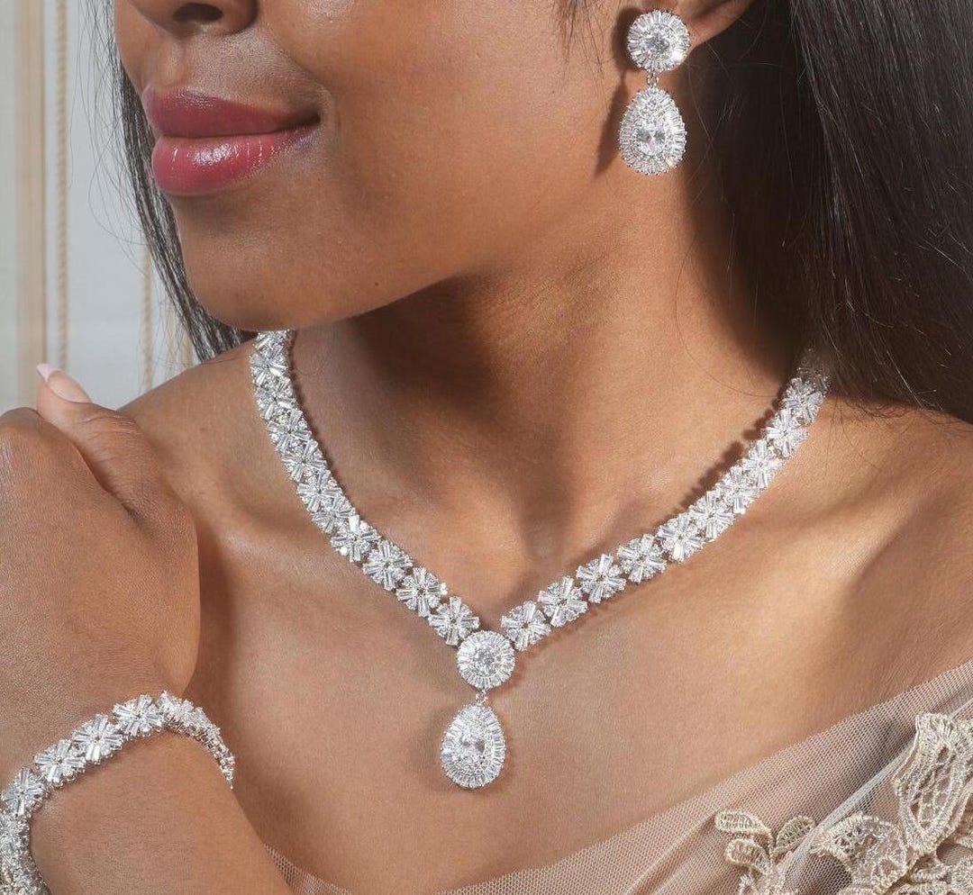 Bridal Necklace Set Diamond Wedding Jewelry Set Diamond Necklace Silver ...