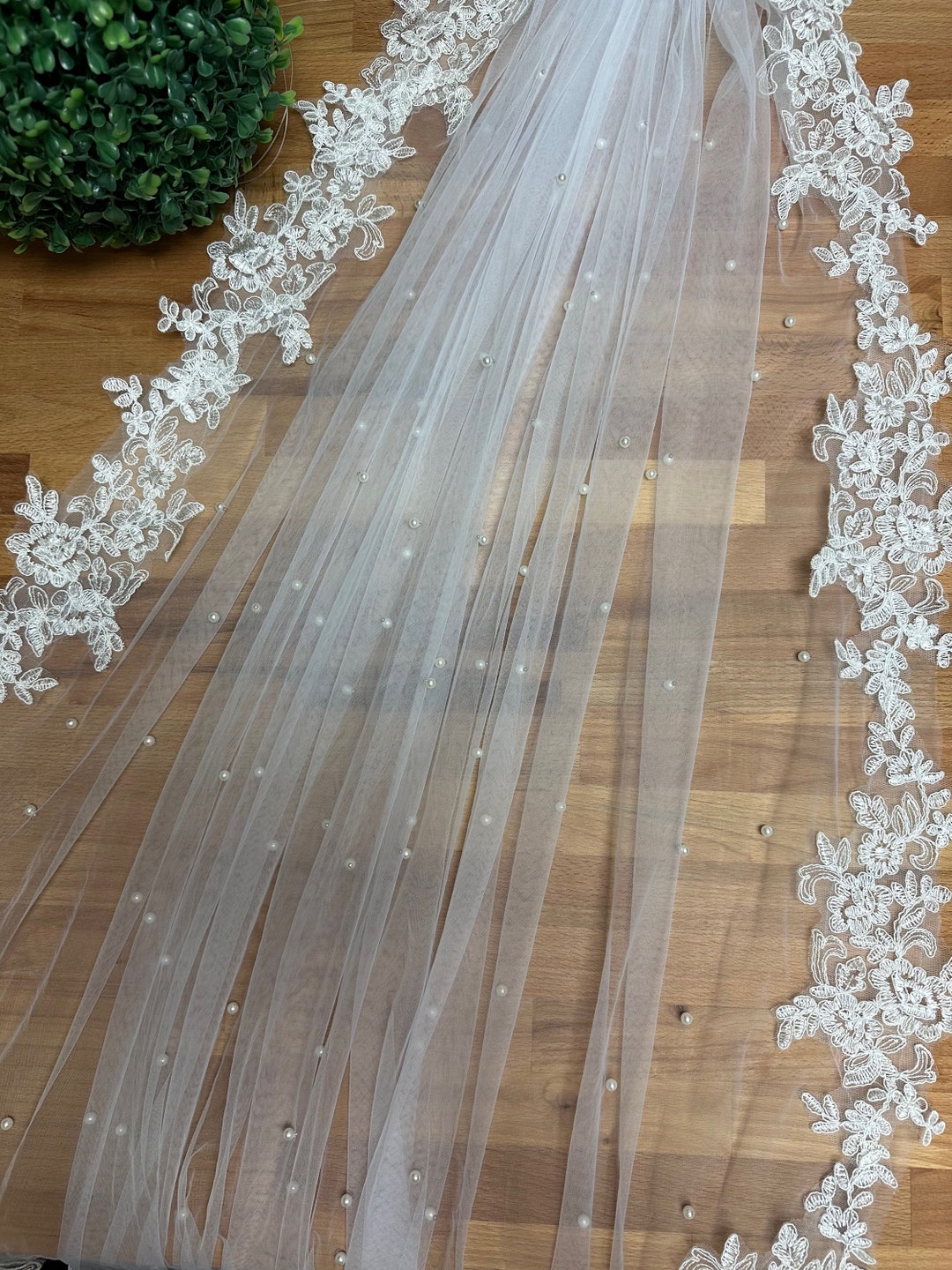 Lace Veil With Pearls Bridal Veil Floor Wedding Veil Pearl Veil ...