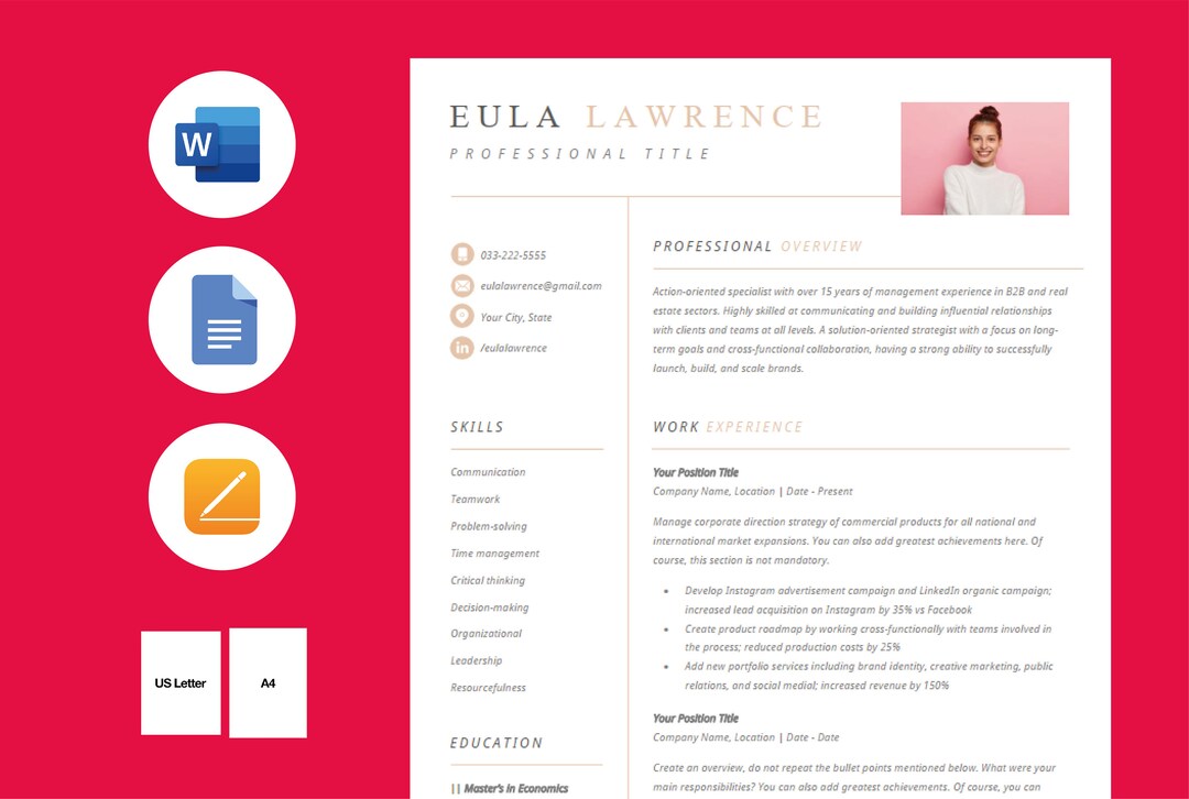 Professional Pink Resume Template + Cover Letter + References | CV ...