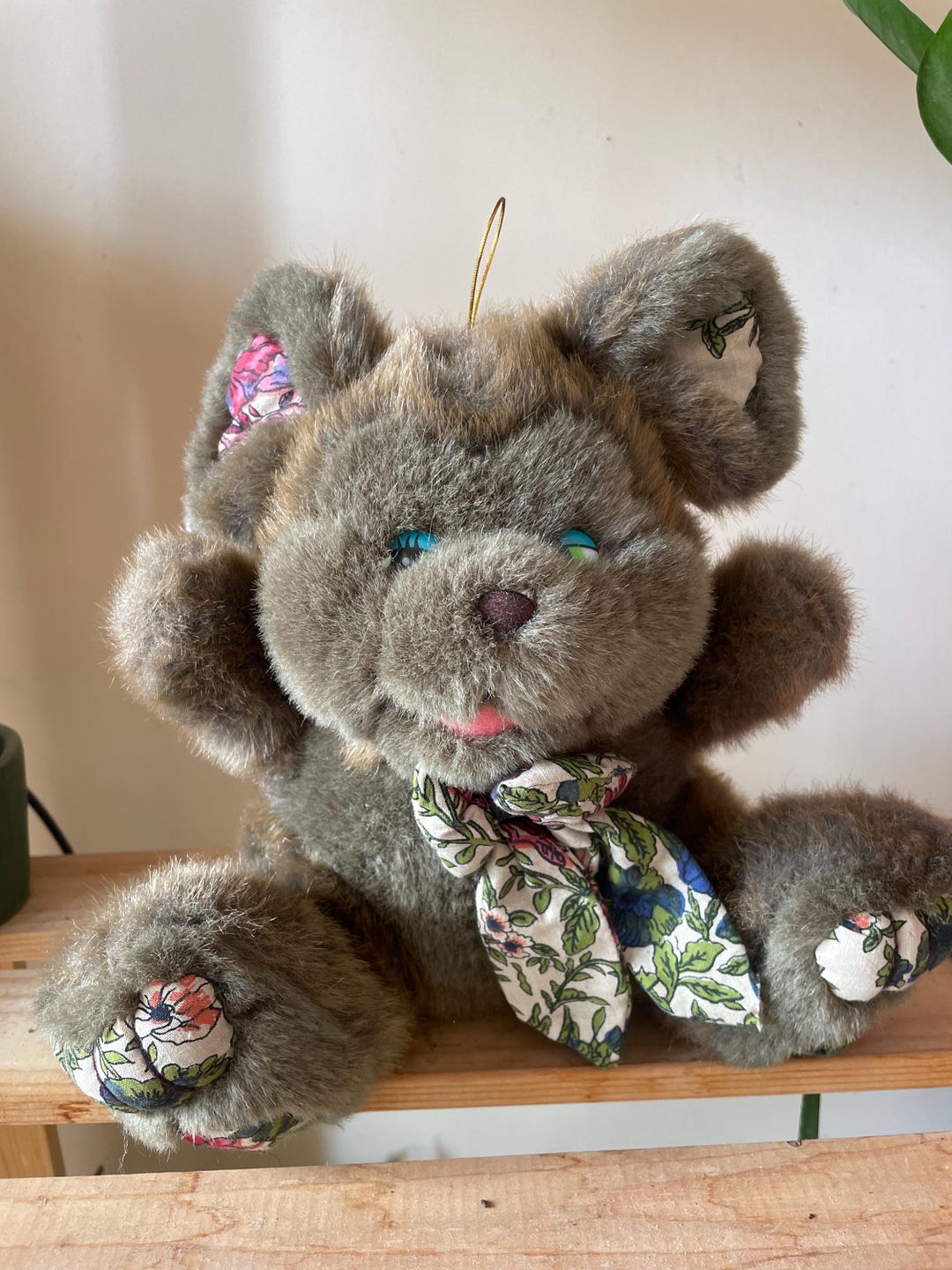 Cute Vintage Teddy Bear 80s Plush With Bow Tie, Grey Teddy Bear Plush ...