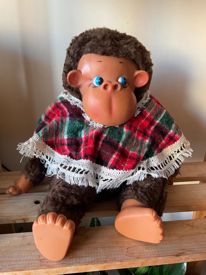 Rare Vintage Gorilla Rubber Face Monkey LARGE Doll Toy Wearing Poncho ...