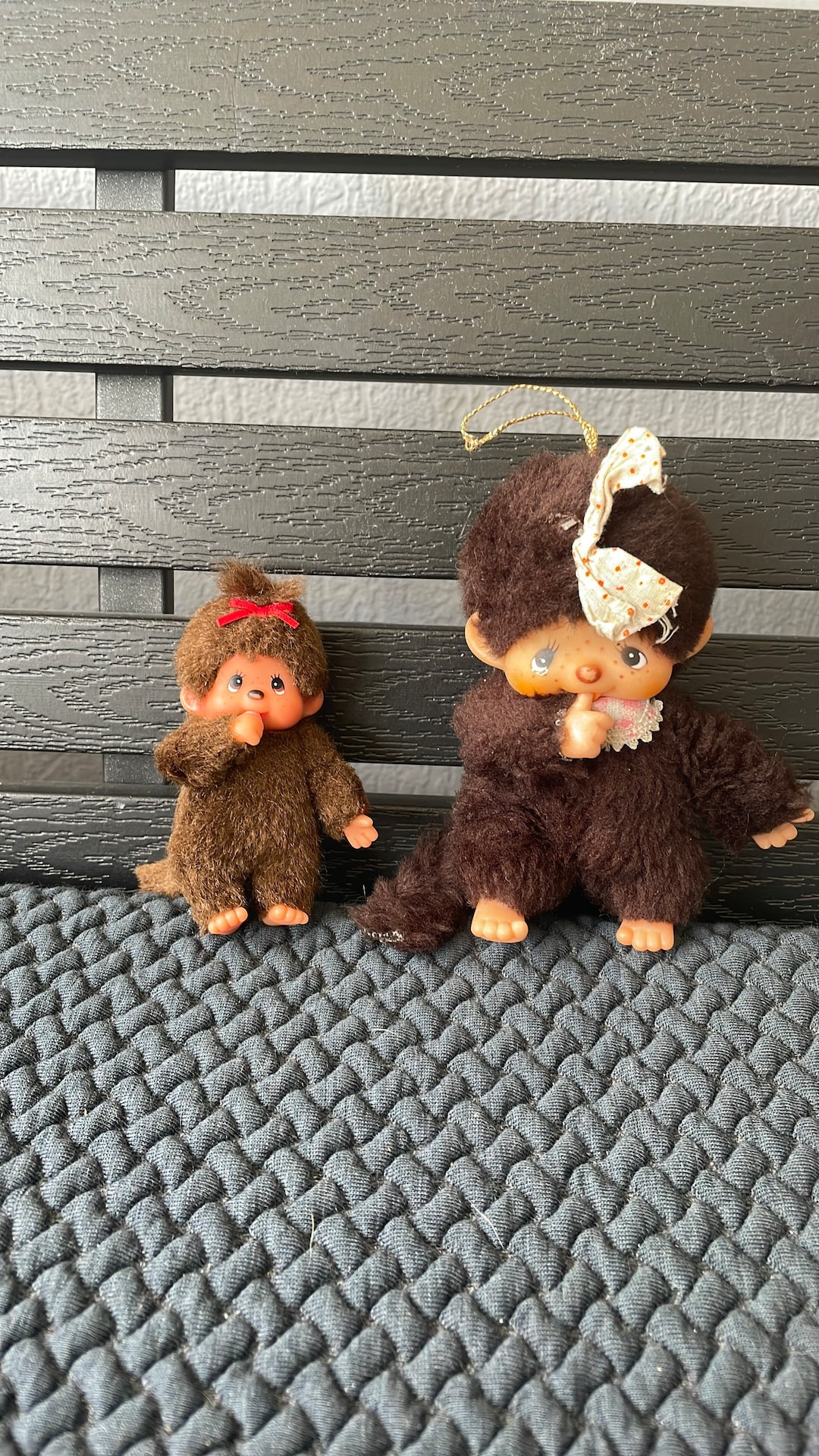 Set of 2 Monchhichi Brown Hair Bow Monkey Big & Baby Plush Stuffed Doll ...