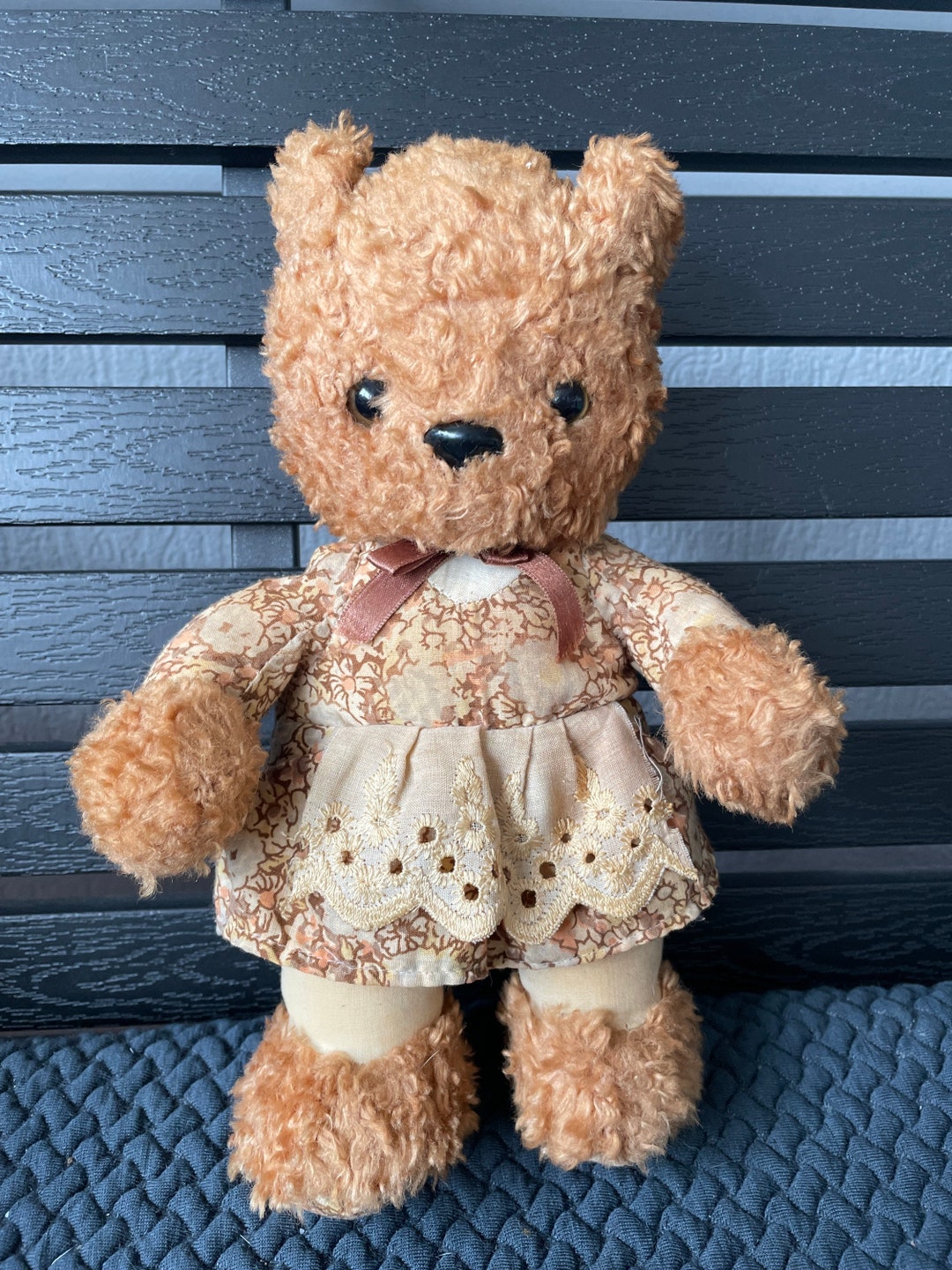 Vintage 70s Cute Fuzzy Teddy Bear Glass Eyes Wearing Dress Birthday ...