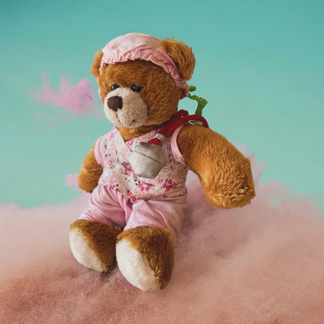 Vintage Teddy Bear Plush With Pink Pajama and Hat Cute 80s Teddy Bear ...
