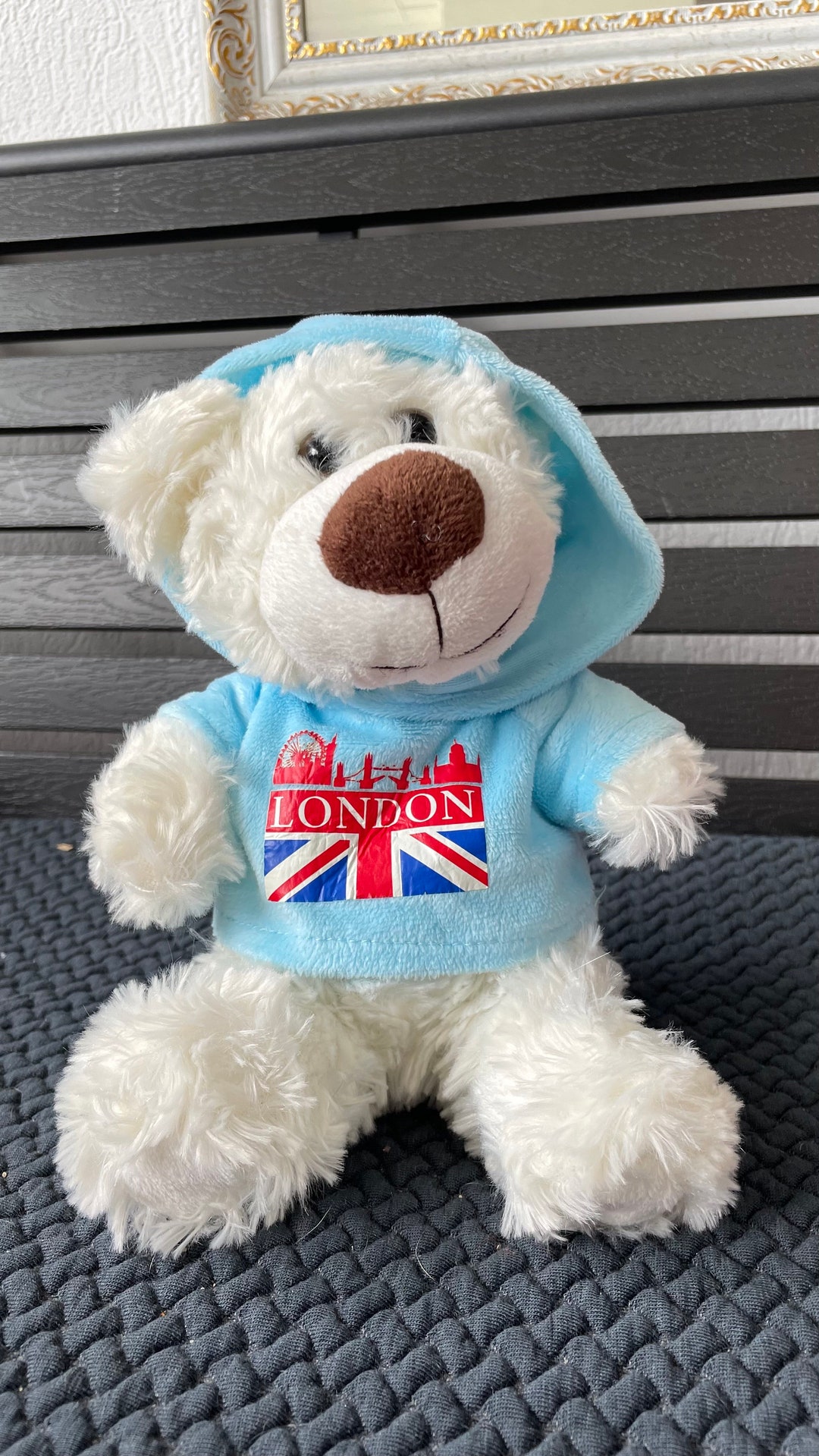 Glorious Britain London White Teddy Bear Wearing Blue Hoodie Stuffed Animal Plush Toy 26cm/10 ...