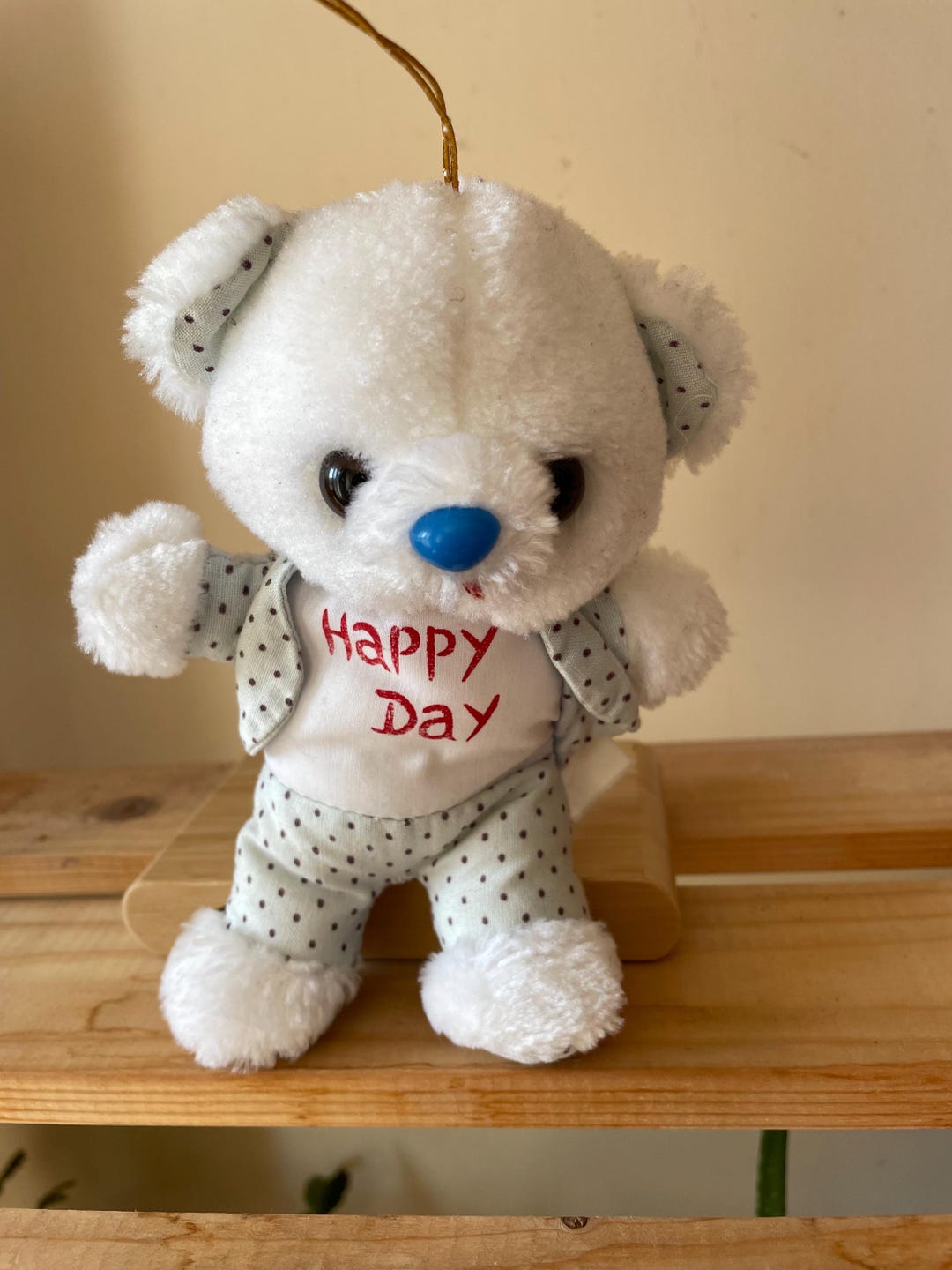 Cute 80s White Teddy Bear Plushie Blue Nose Happy Day Shirt Soft Animal ...