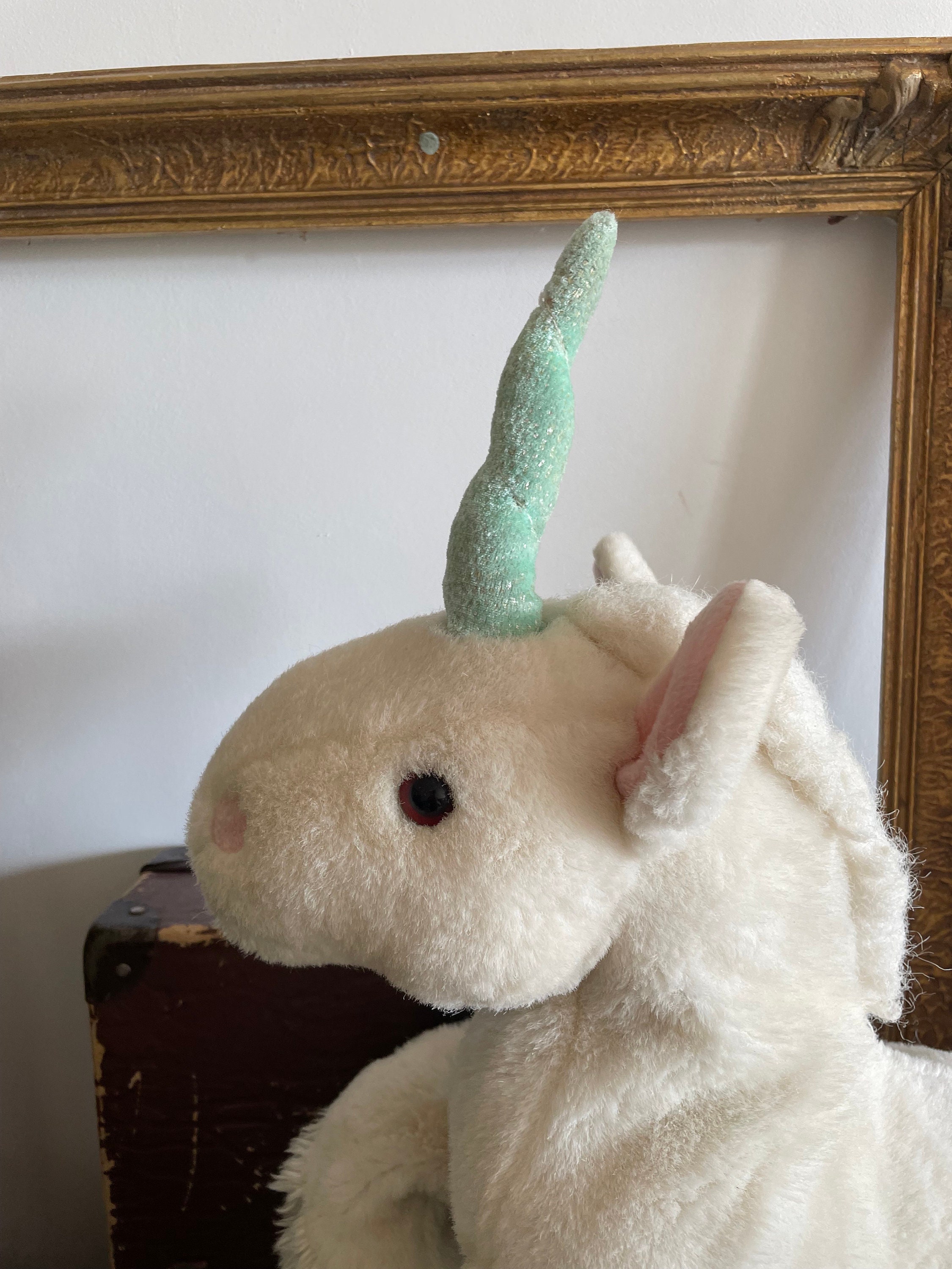 Unicorn Vintage Stuffed Plush Toy Glass Eyes White Horn Size 38 Cm / 15 ...