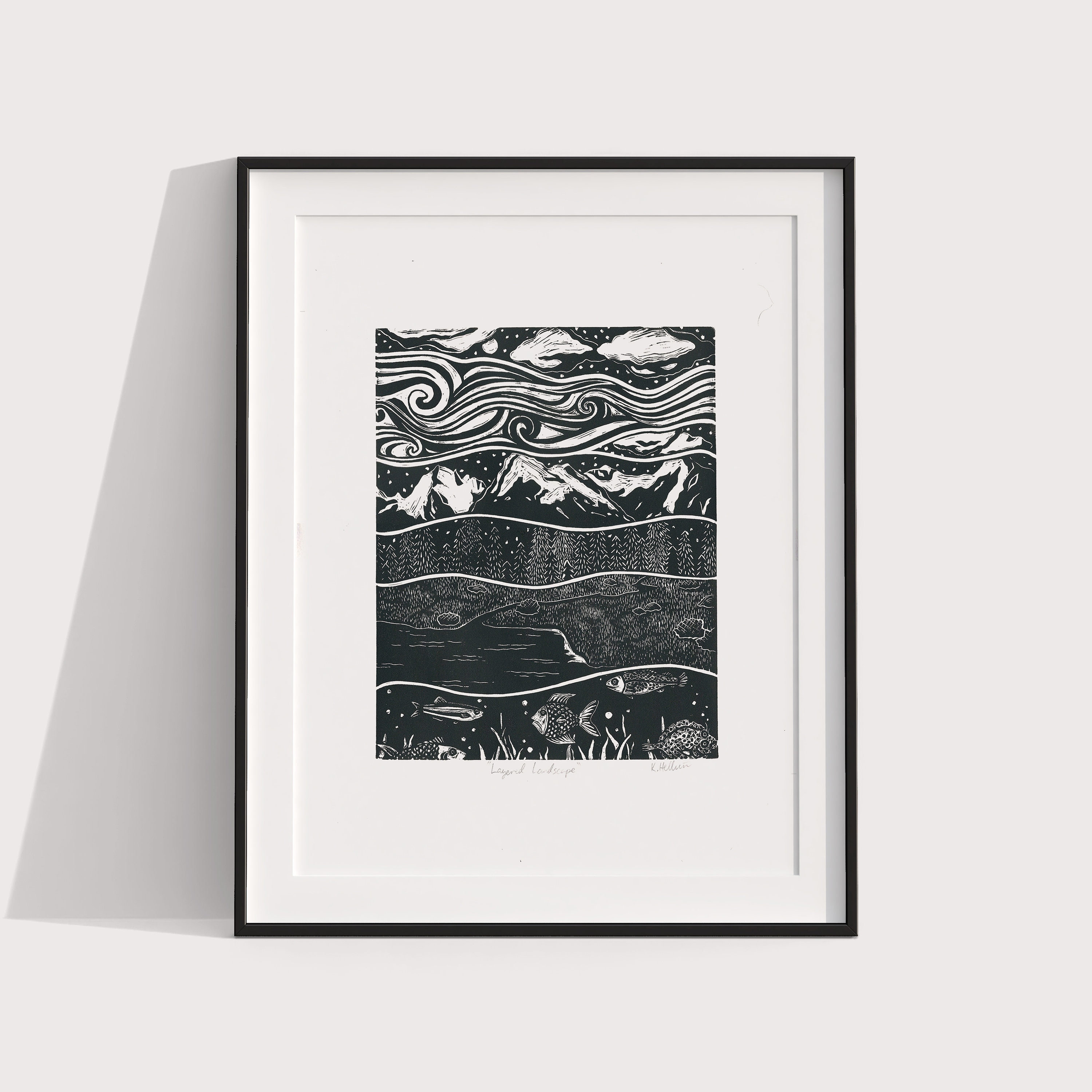 Paisaje en capas, paisaje de linograbado, mar de montaña, impresión de ...