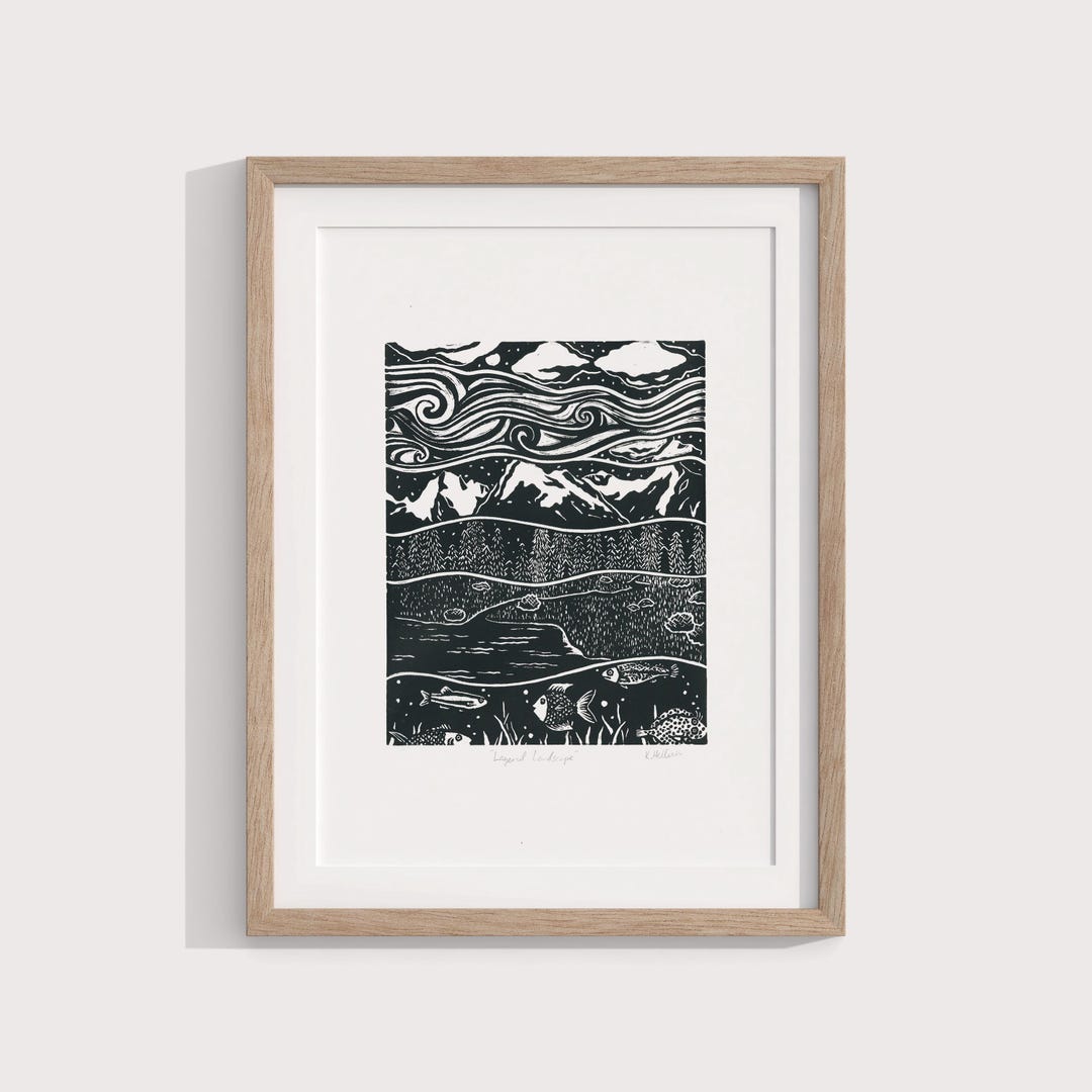 Layered Landscape, Linocut Landscape, Mountain Sea, Handmade Linoleum ...