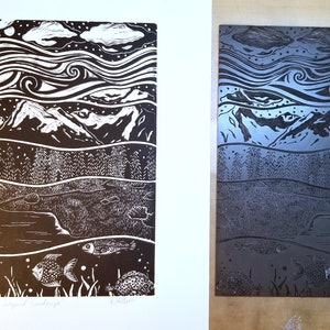 Layered Landscape, Linocut Landscape, Mountain Sea, Handmade Linoleum ...