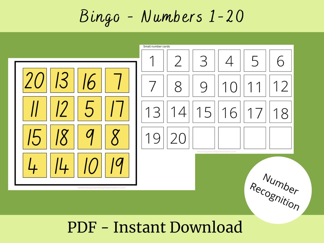 Bingo Numbers 1-20 INSTANT DOWNLOAD Games Learning - Etsy