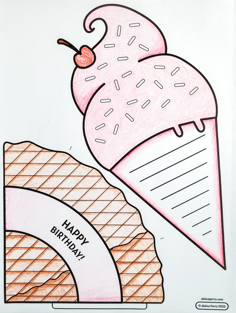 Ice-cream Cone Birthday Card DIY Coloring Project Instant Download ...