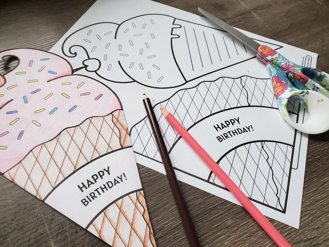 Ice-cream Cone Birthday Card DIY Coloring Project Instant Download - Etsy