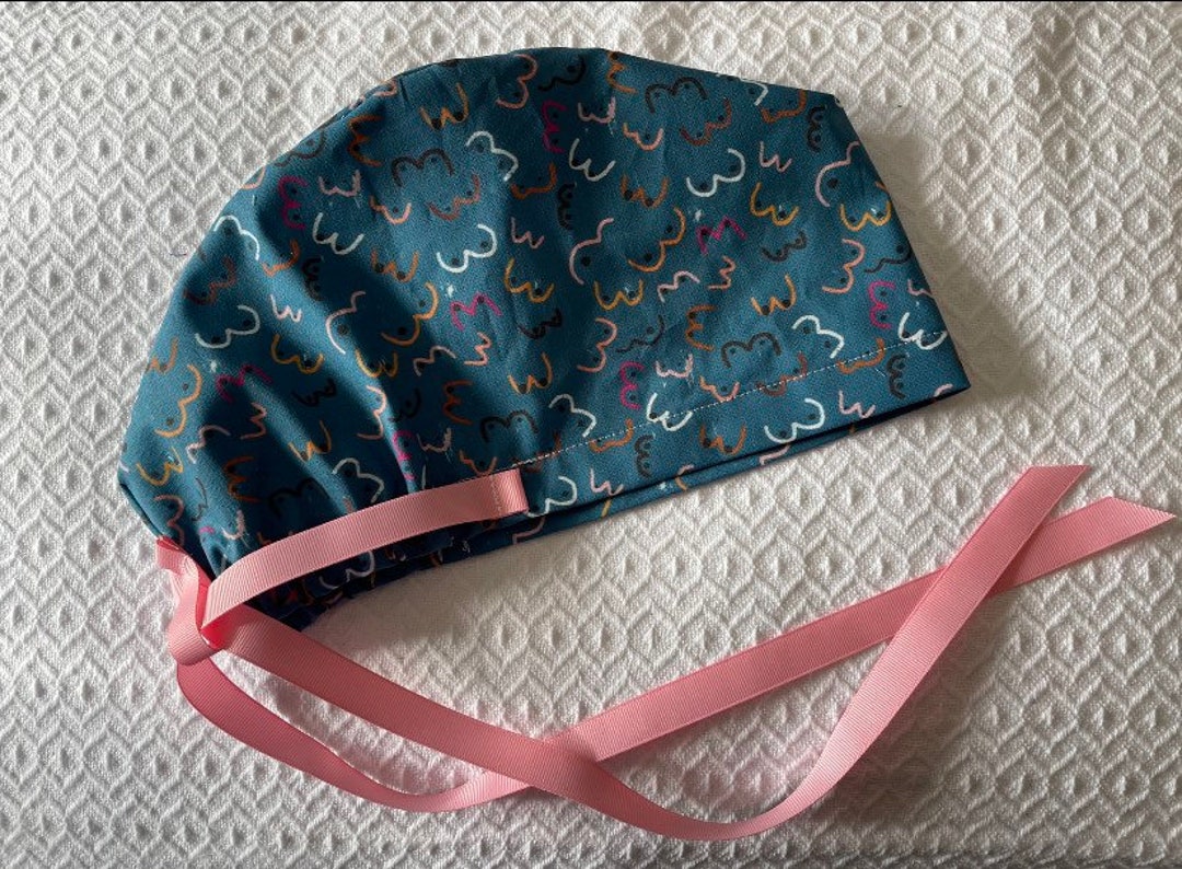 Teal Boobs Scrub Caps, Long Hair Scrub Cap for Women, Ponytail Ribbon ...