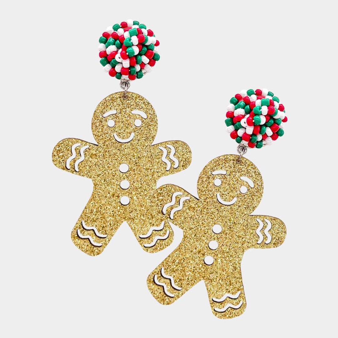 Glitter Gingerbread Man W/ Beaded Pom, Christmas Earrings, Gingerbread ...