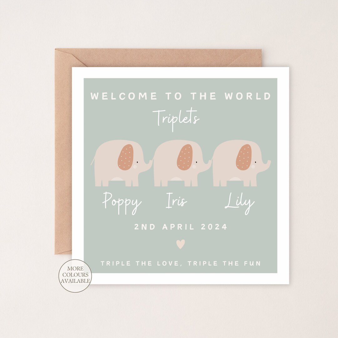 Personalised New Baby Triplets Card, Cute Elephant Baby Card, Welcome ...