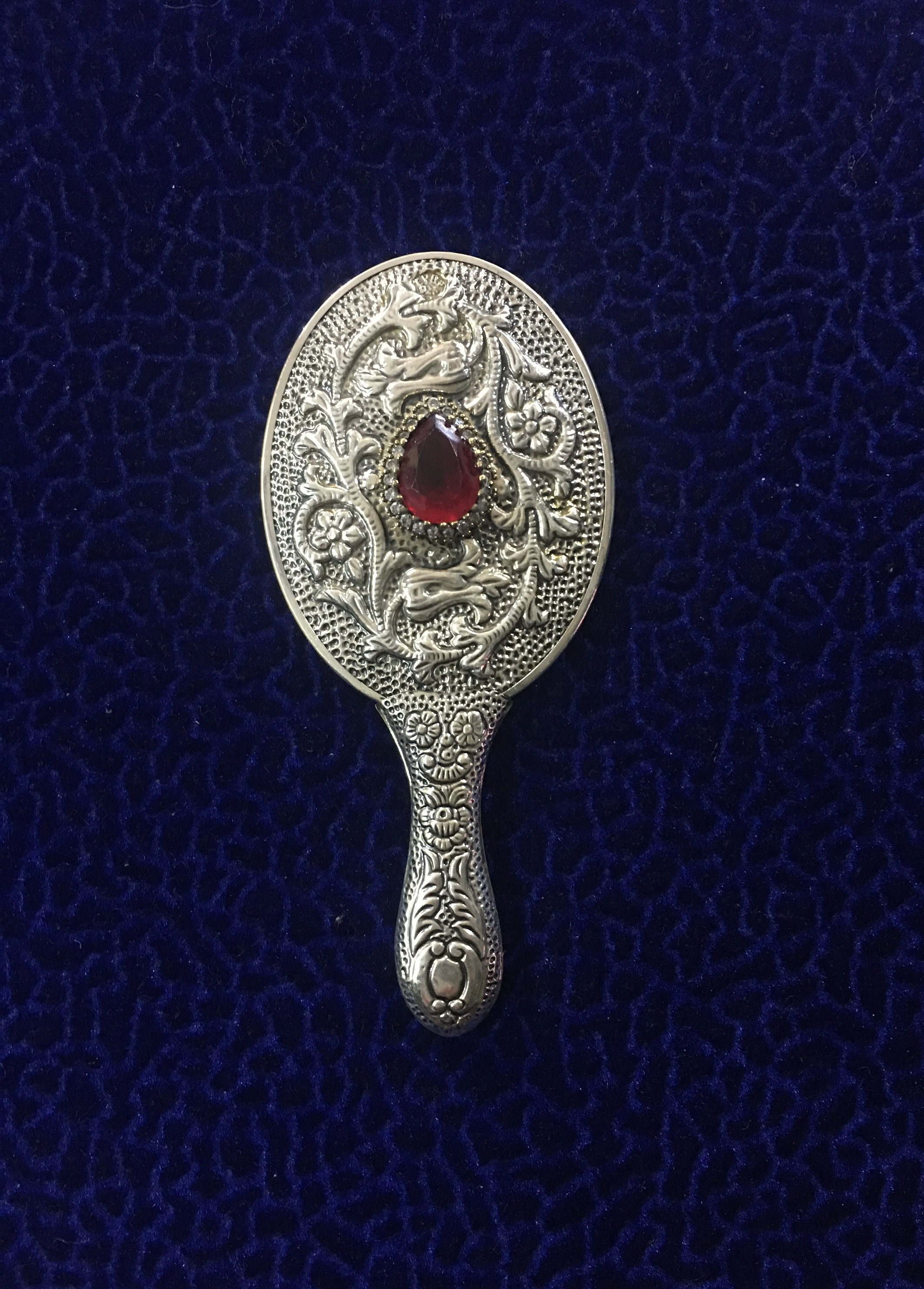 Silver Hand Mirror With Stone in Art Nouveau Style, Floral Pattern ...